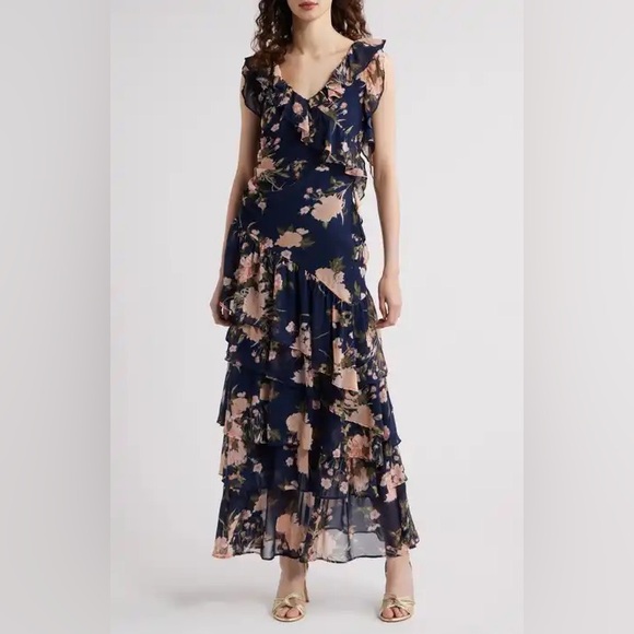 Wayf | Dresses | Wayf Floral Ruffle Tiered Maxi Midi Dress Xs Blue ...